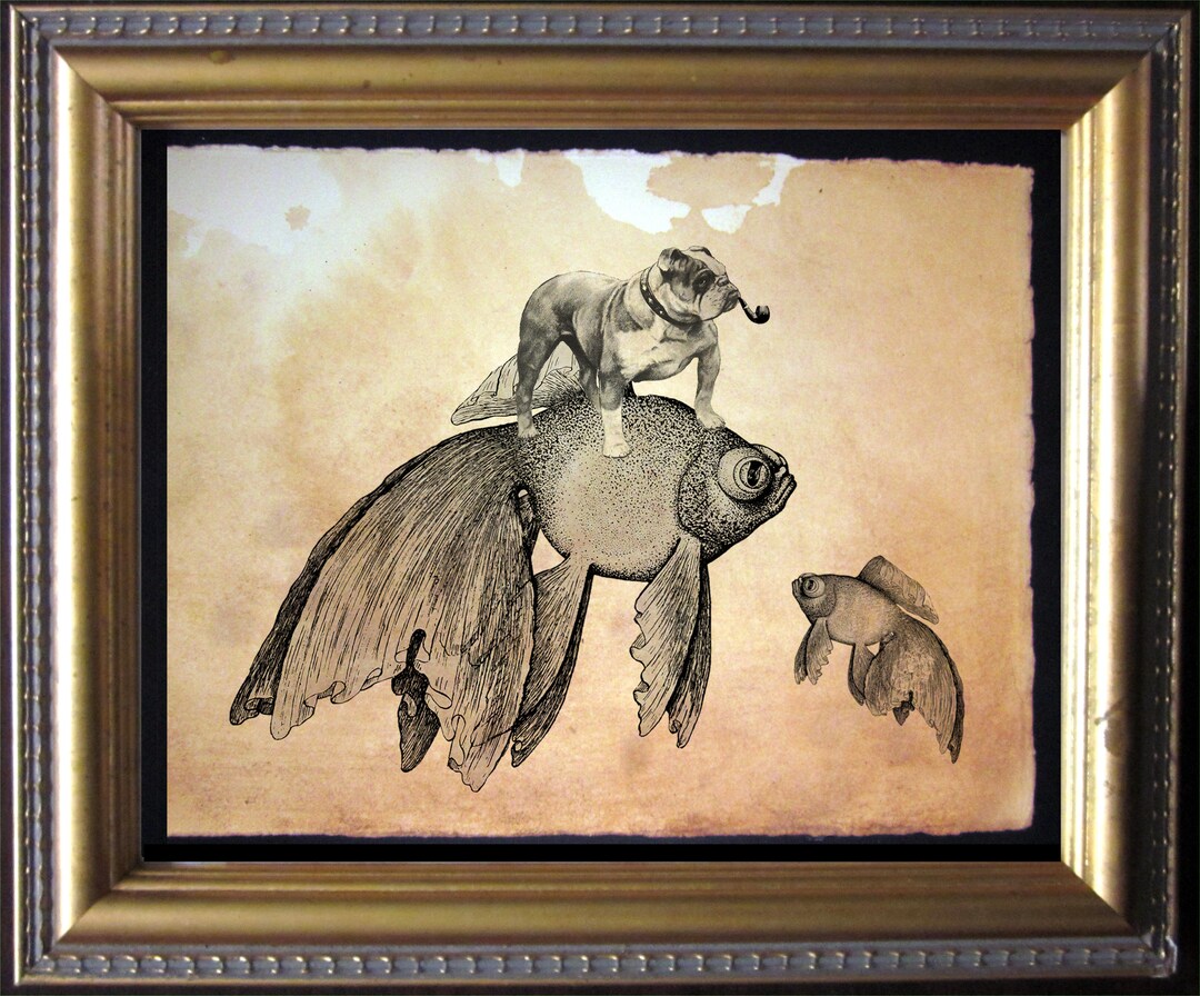 English Bulldog Riding Goldfish Vintage Collage Art Print on Tea ...