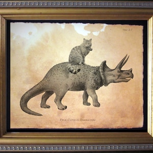 Wild Cat Riding Dinosaur Triceratops Collage Print Tea Stain Cat Art ...