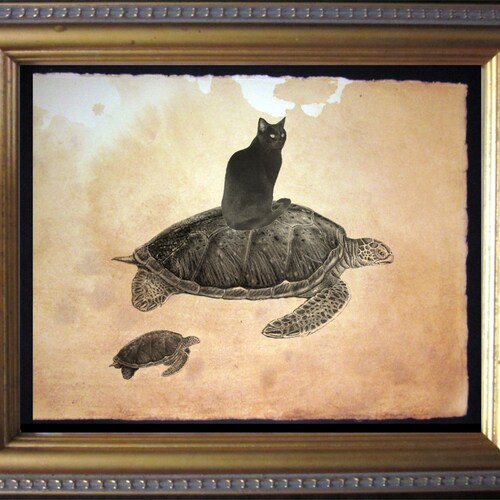 Black Cat Riding Turtle Vintage Collage Art Print Tea Stained - Etsy