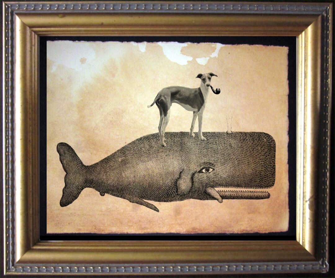 Greyhound Riding Whale Vintage Collage Art Print on Tea Stained Paper ...