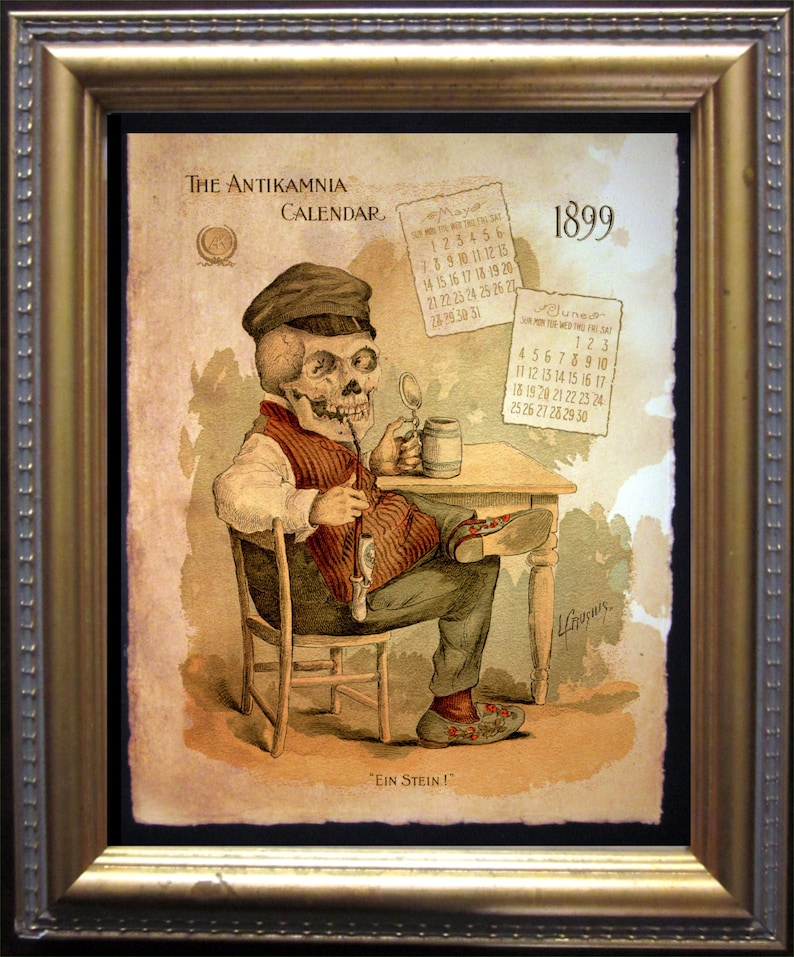 Antikamnia Calendar Art Print, Skeleton Illustration on Tea Stained ...