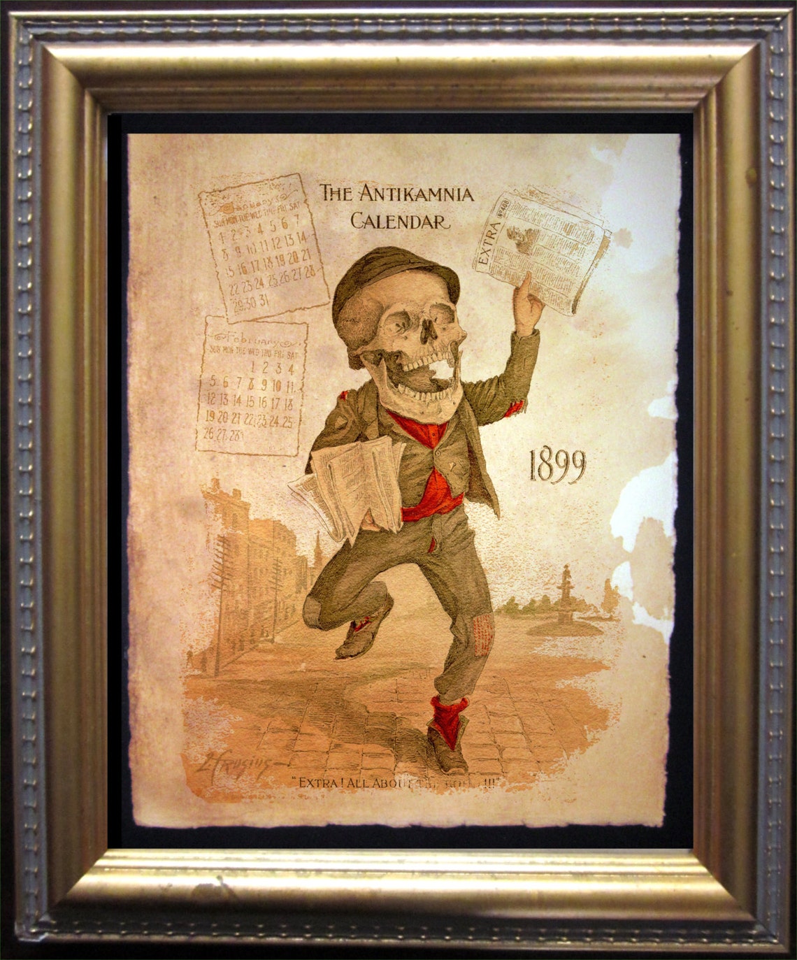 Antikamnia Calendar Skeleton Illustration Newsie Extra Newspaper Art ...