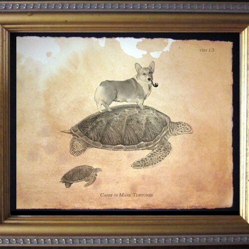Welsh Corgi Riding Sea Turtle Vintage Collage Art Print Tea - Etsy