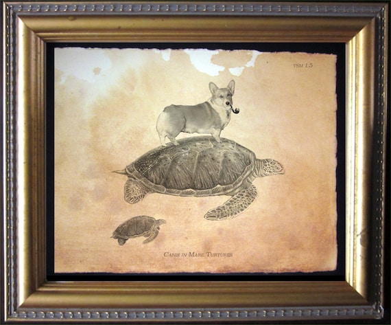 Welsh Corgi Riding Sea Turtle Vintage Collage Art Print Tea - Etsy