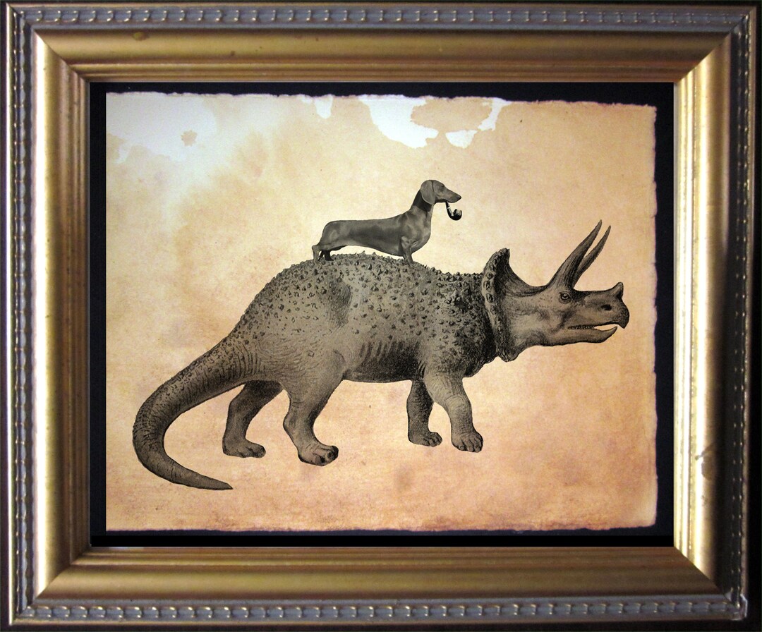 Dachshund Wiener Dog Riding Dinosaur Triceratops Vintage Collage Art ...