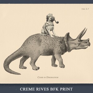 Pug Riding Triceratops Dinosaur Vintage Collage Print Tea Stain Dog Art ...