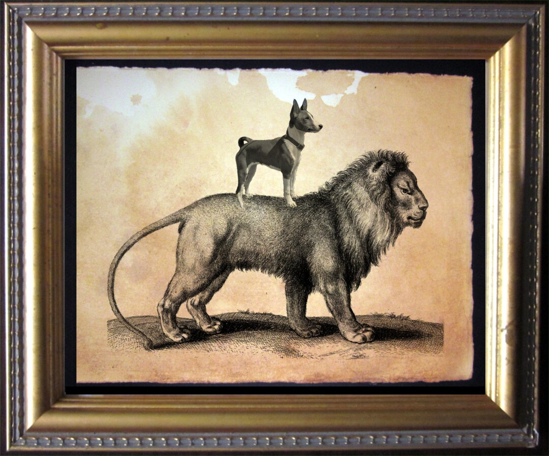 Basenji Dog Riding Lion Art Print, Vintage Style Tea Stained Paper - Etsy