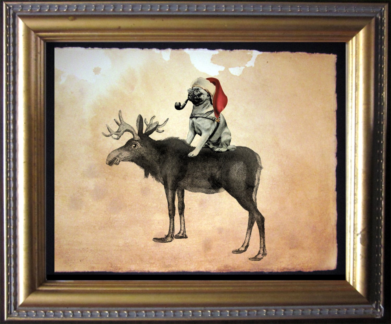 Pug Riding Moose With Santa Cap Vintage Collage Art Print on - Etsy