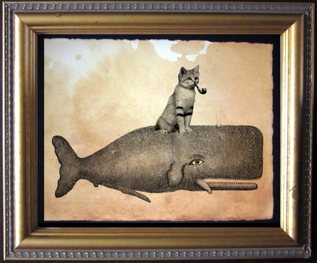 Sandcat Cat Riding Whale Vintage Collage Art Print on Tea Stained Paper ...