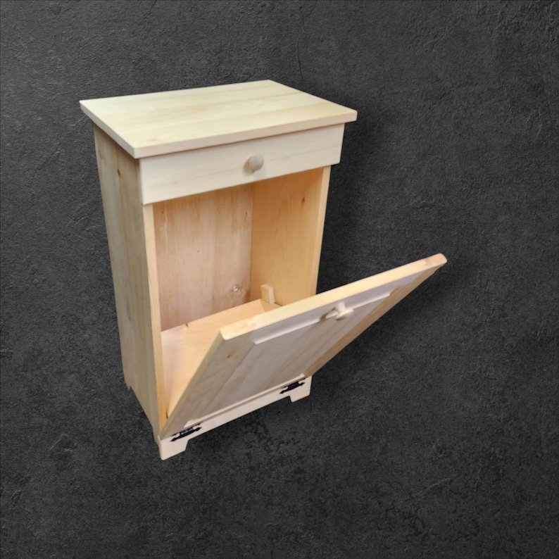Unfinished Rustic Farmhouse Kitchen Trash Bin With Drawer, Wooden Tilt ...