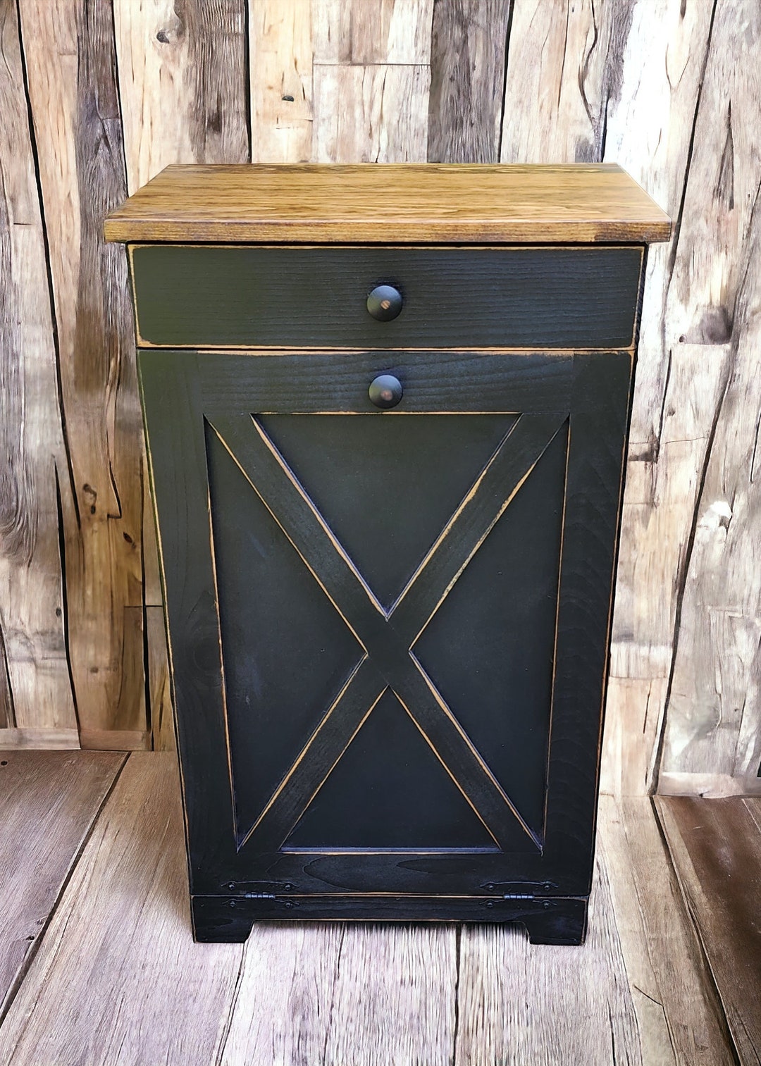 Handmade Wood Tilt Door Garbage Can, Rustic Trash Bin, Waste Basket ...