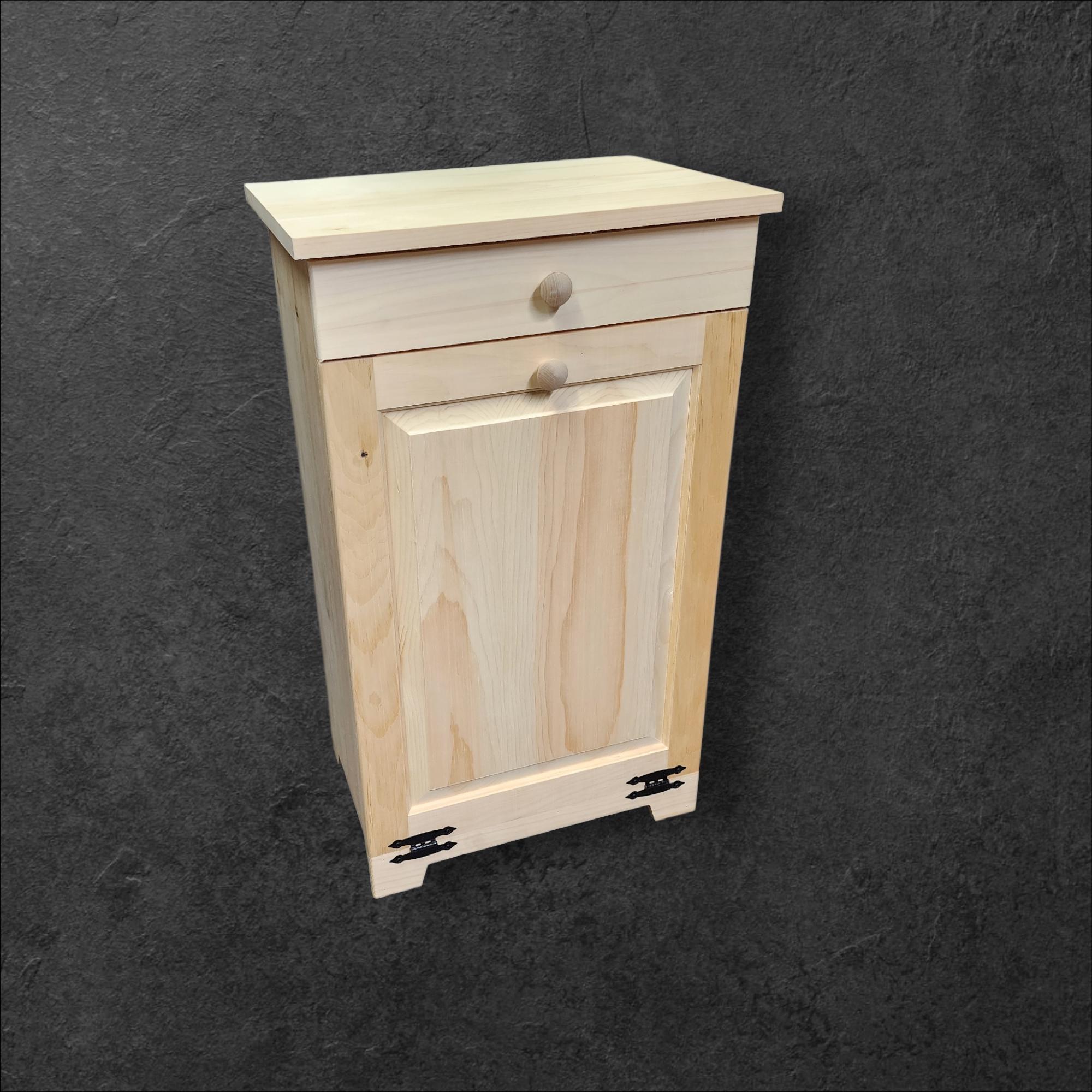 Unfinished Rustic Farmhouse Kitchen Trash Bin With Drawer, Wooden Tilt ...