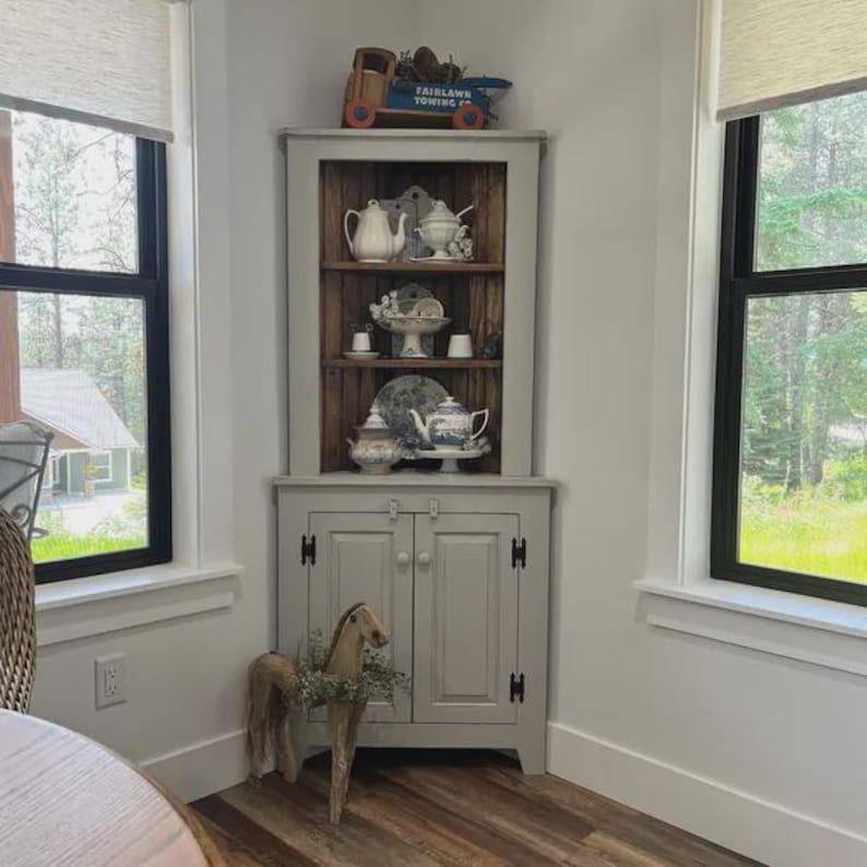 Rustic Solid Wood Corner Hutch: Farmhouse Display Cabinet & Storage for ...