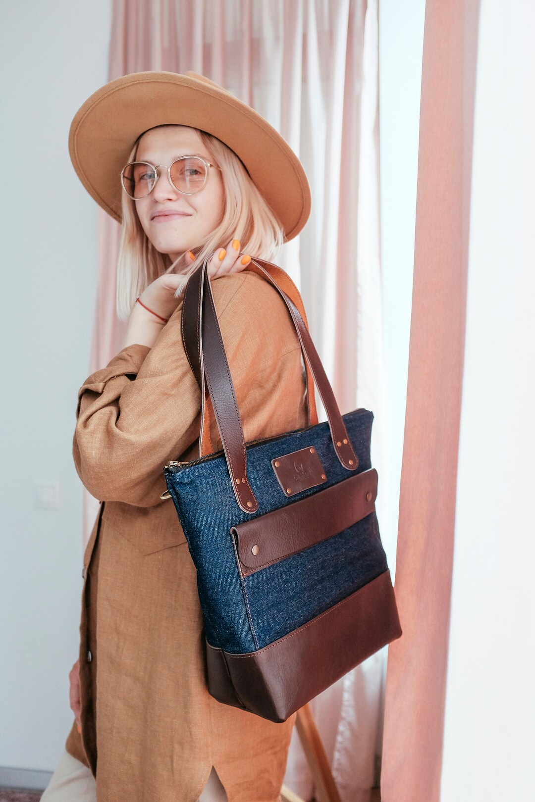 Small Leather Denim Tote Bag, Leather Denim Weekender Bag, Travel ...