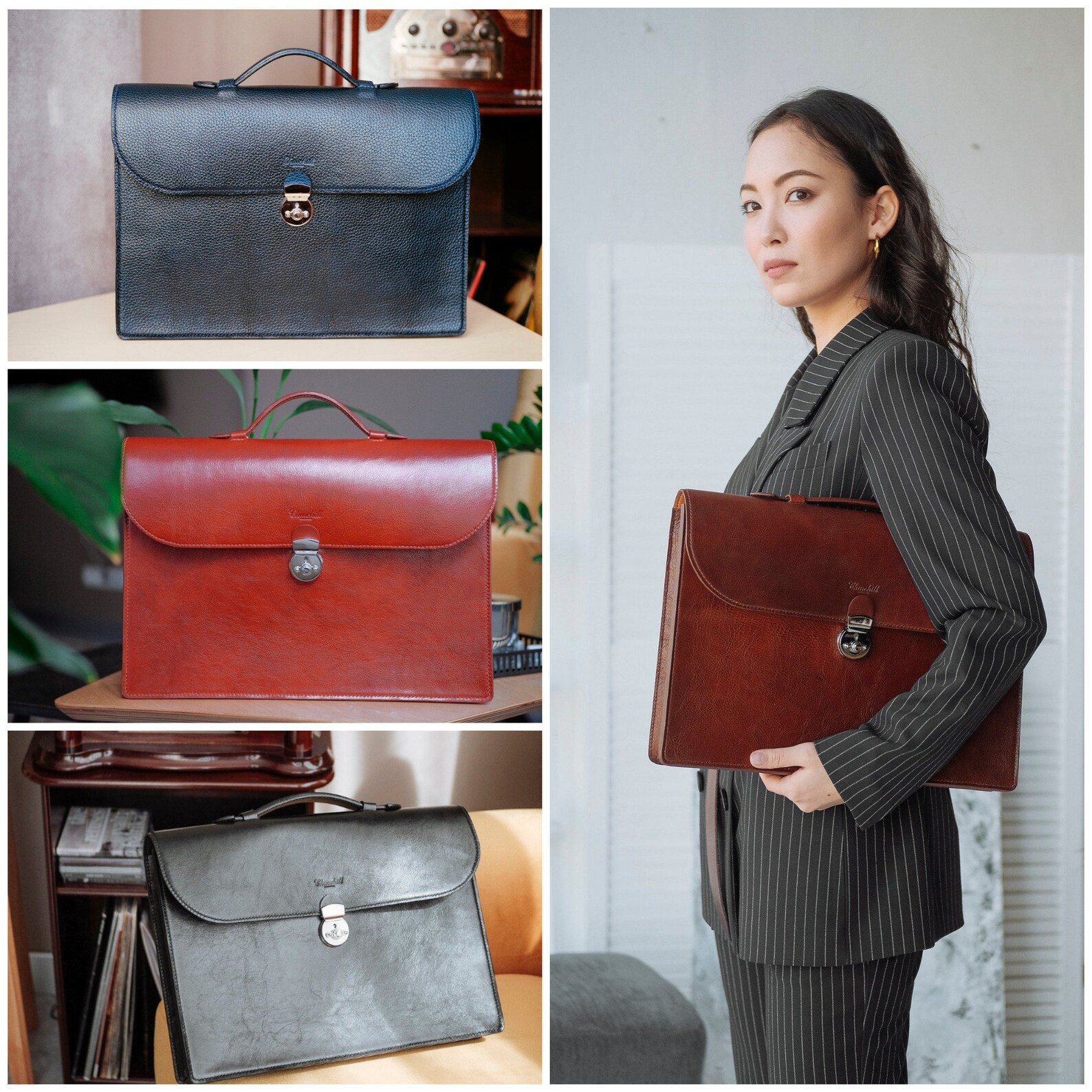 Leather Dark Blue Attache Minimal Briefcase Leather Portfolio Bag ...