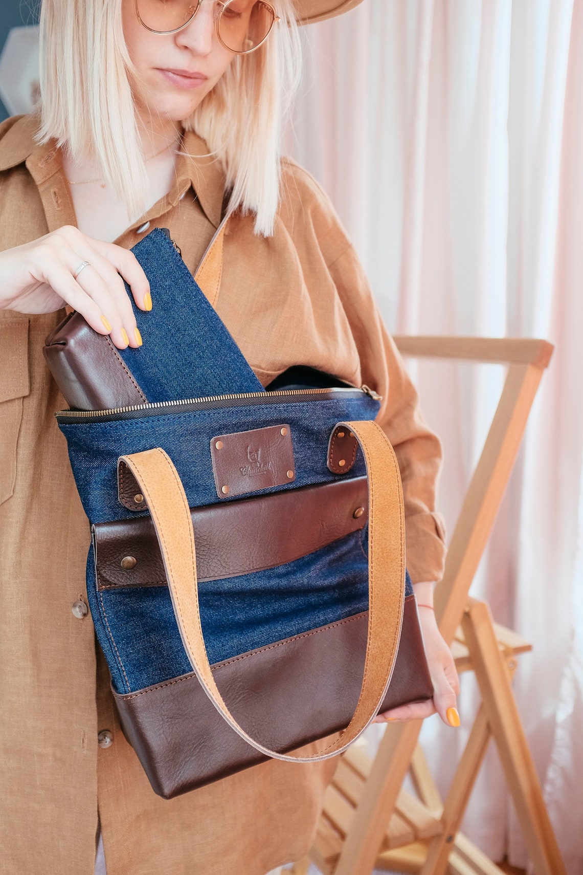 Small Leather Denim Tote Bag, Leather Denim Weekender Bag, Travel ...