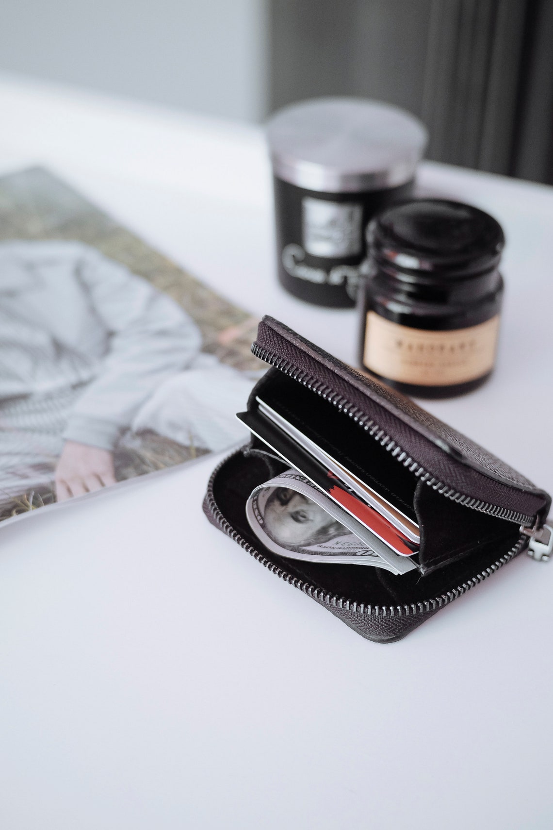 Black Leather Zip Wallet Handmade, Minimalist Zipper Wallet, Card Zip ...
