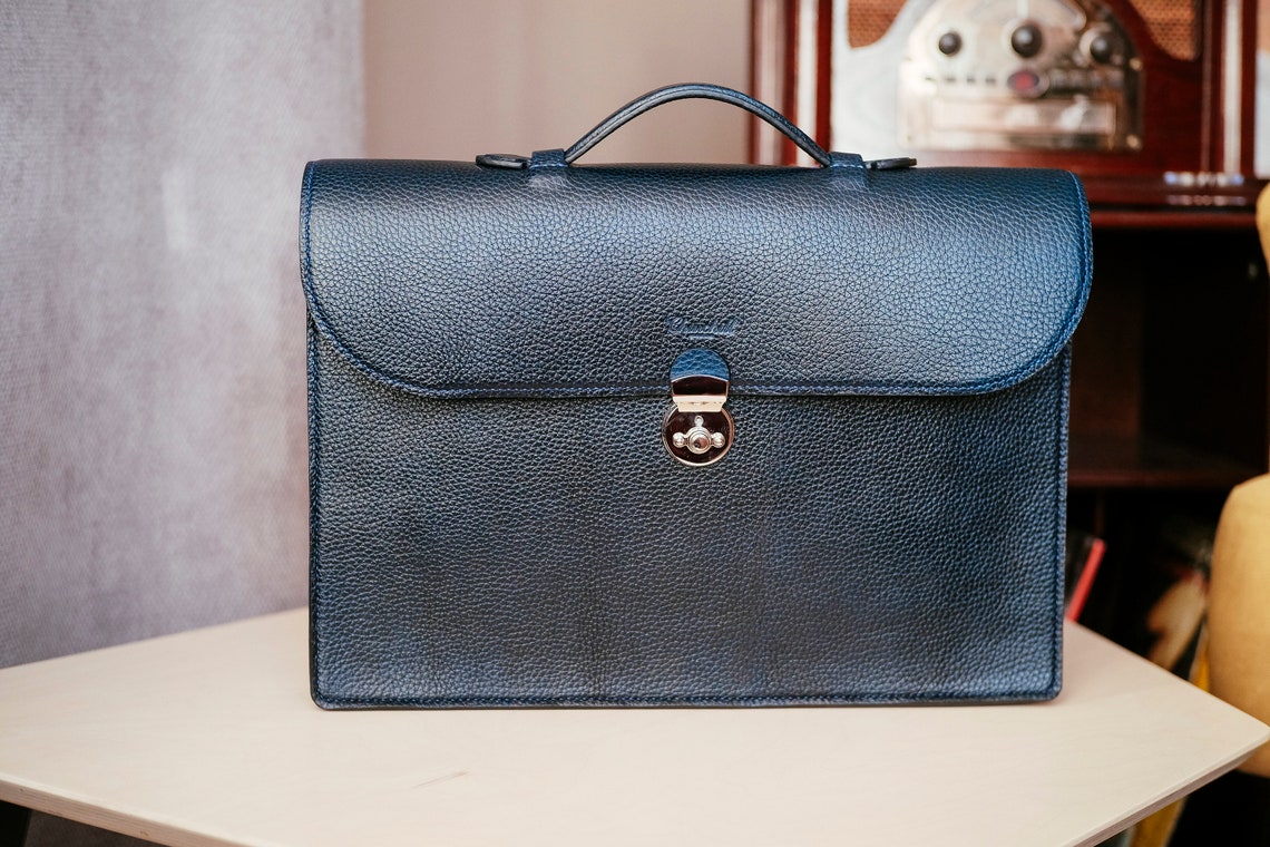 Leather Dark Blue Attache Minimal Briefcase Leather Portfolio Bag ...