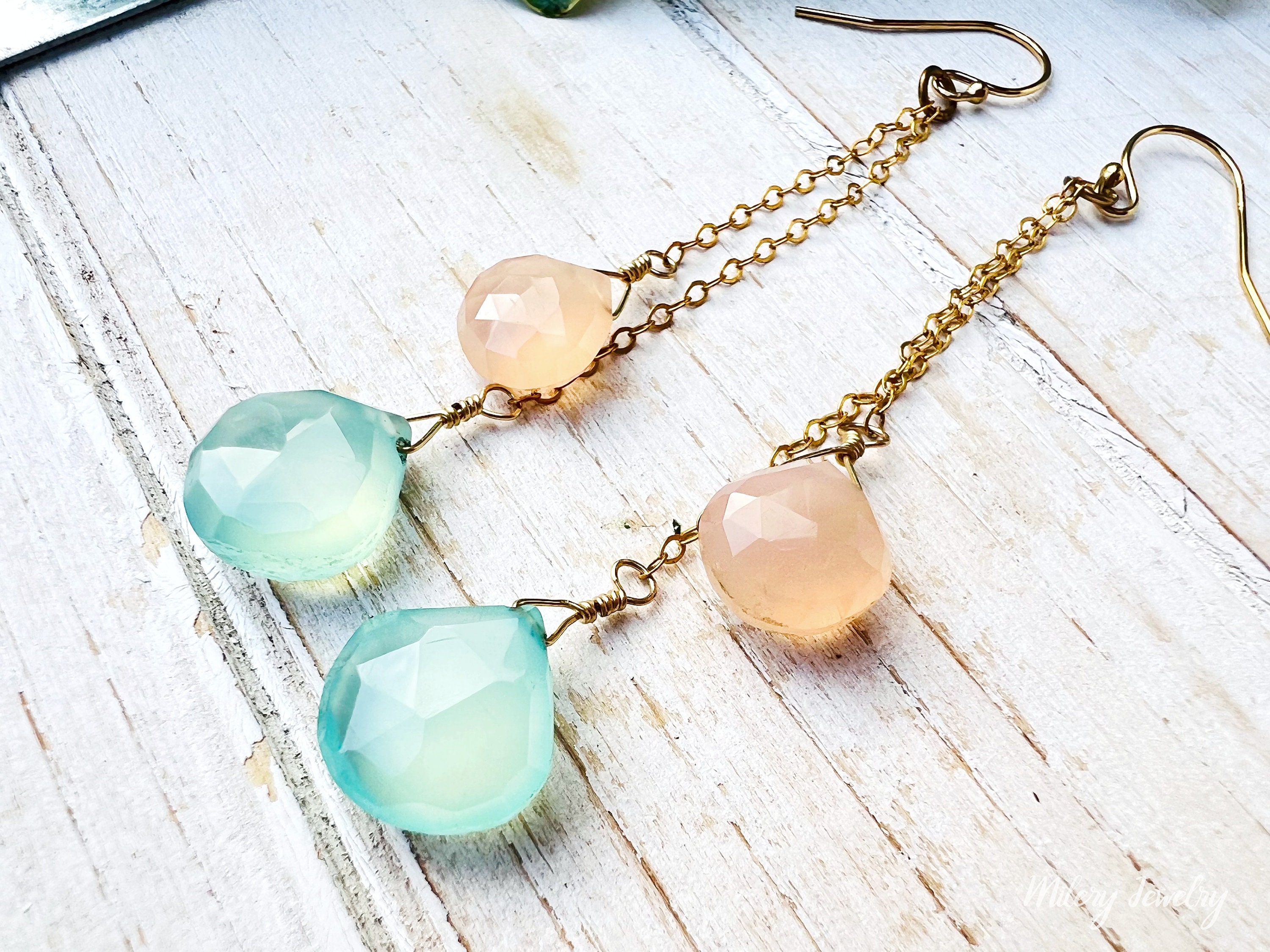 Aqua & Peach Chalcedony Dangle Earrings, 14k Gold Filled, October ...