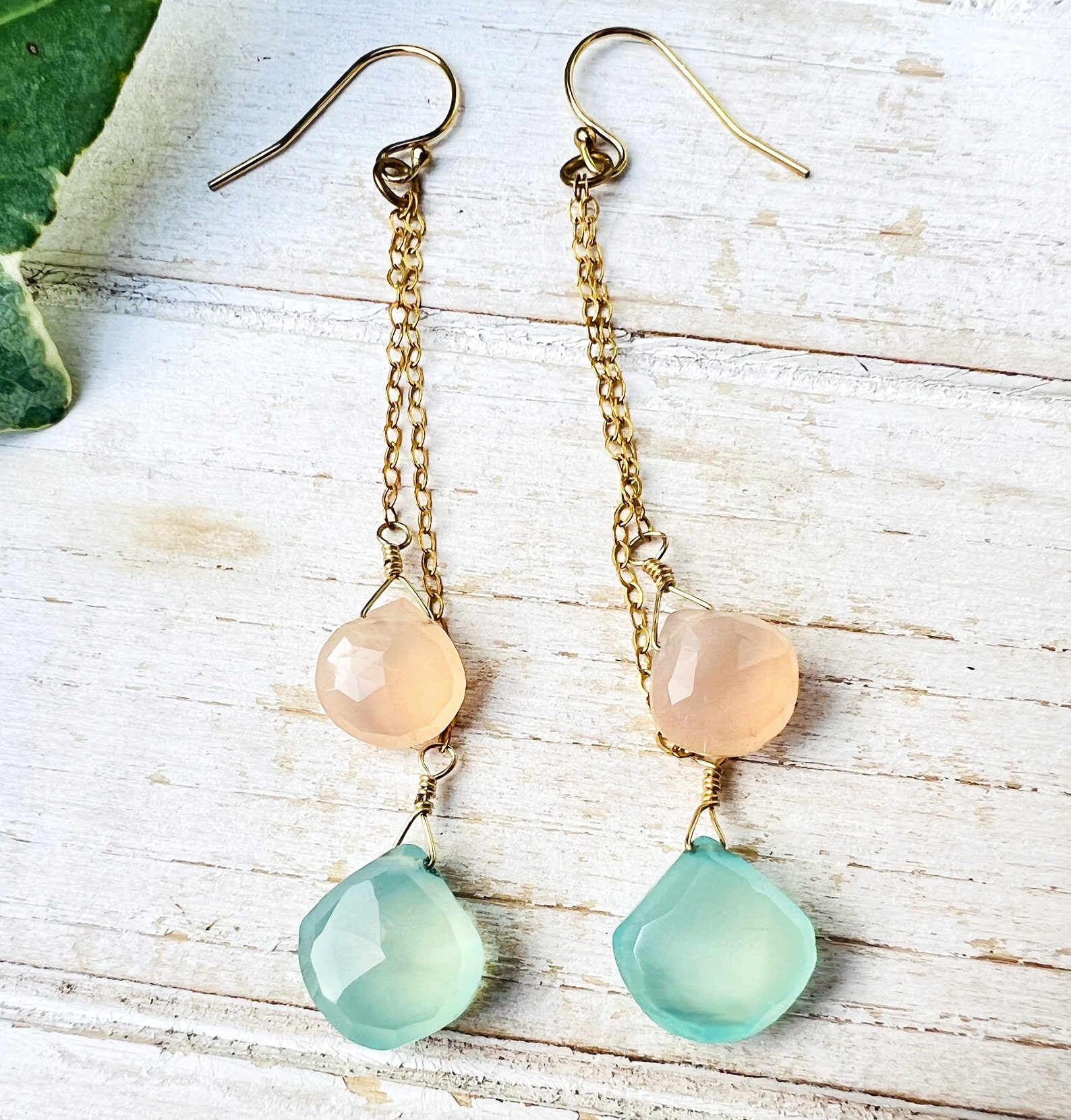 Aqua & Peach Chalcedony Dangle Earrings, 14k Gold Filled, October ...