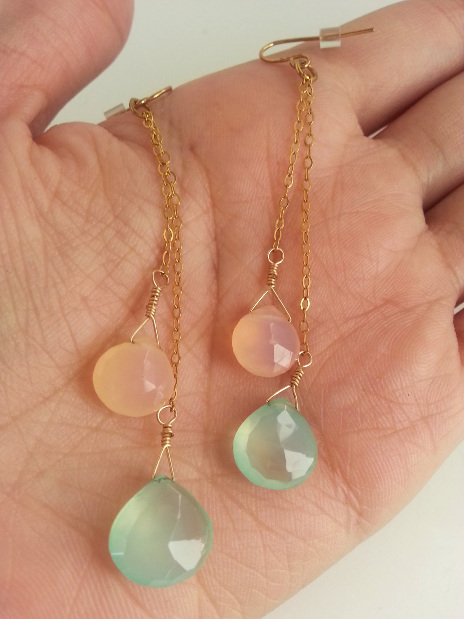 Aqua & Peach Chalcedony Dangle Earrings, 14k Gold Filled, October ...