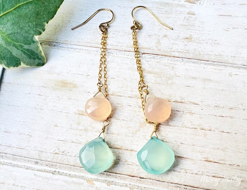 Aqua & Peach Chalcedony Dangle Earrings, 14k Gold Filled, October ...