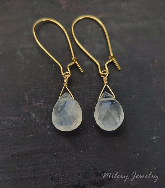 Moonstone Gold Drop Earrings 14K Gold Filled Rainbow | Etsy