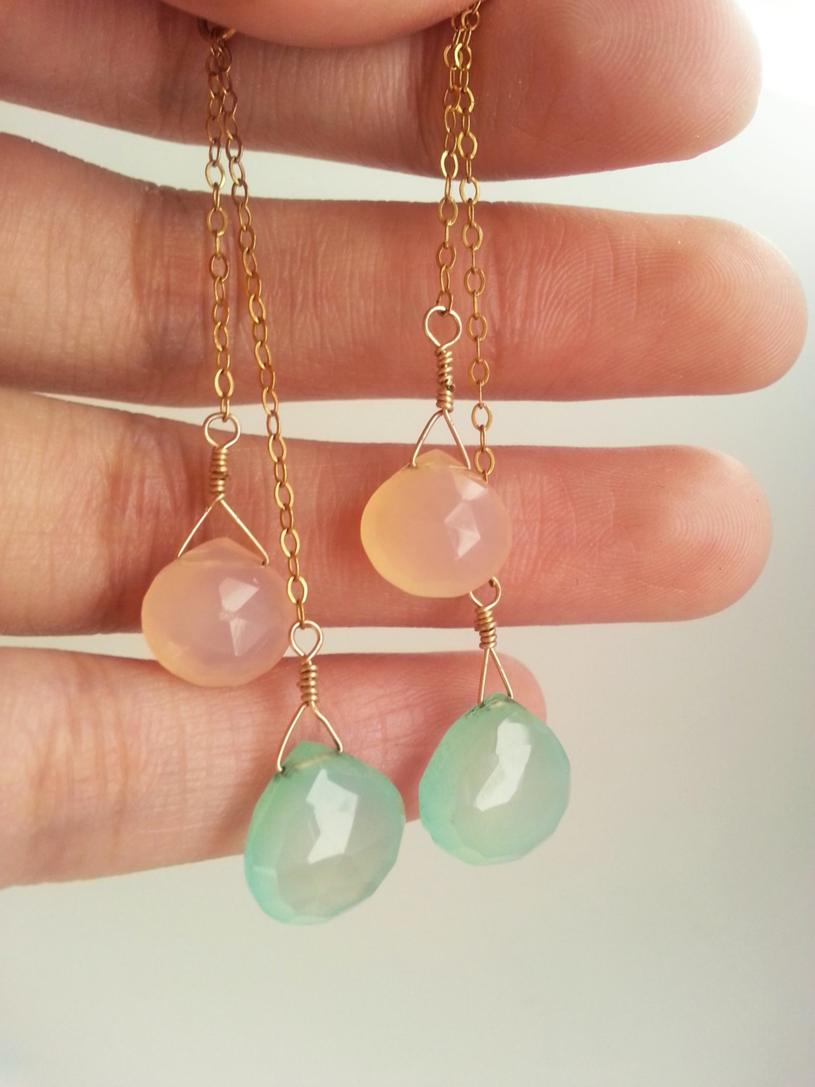 Aqua & Peach Chalcedony Dangle Earrings, 14k Gold Filled, October ...