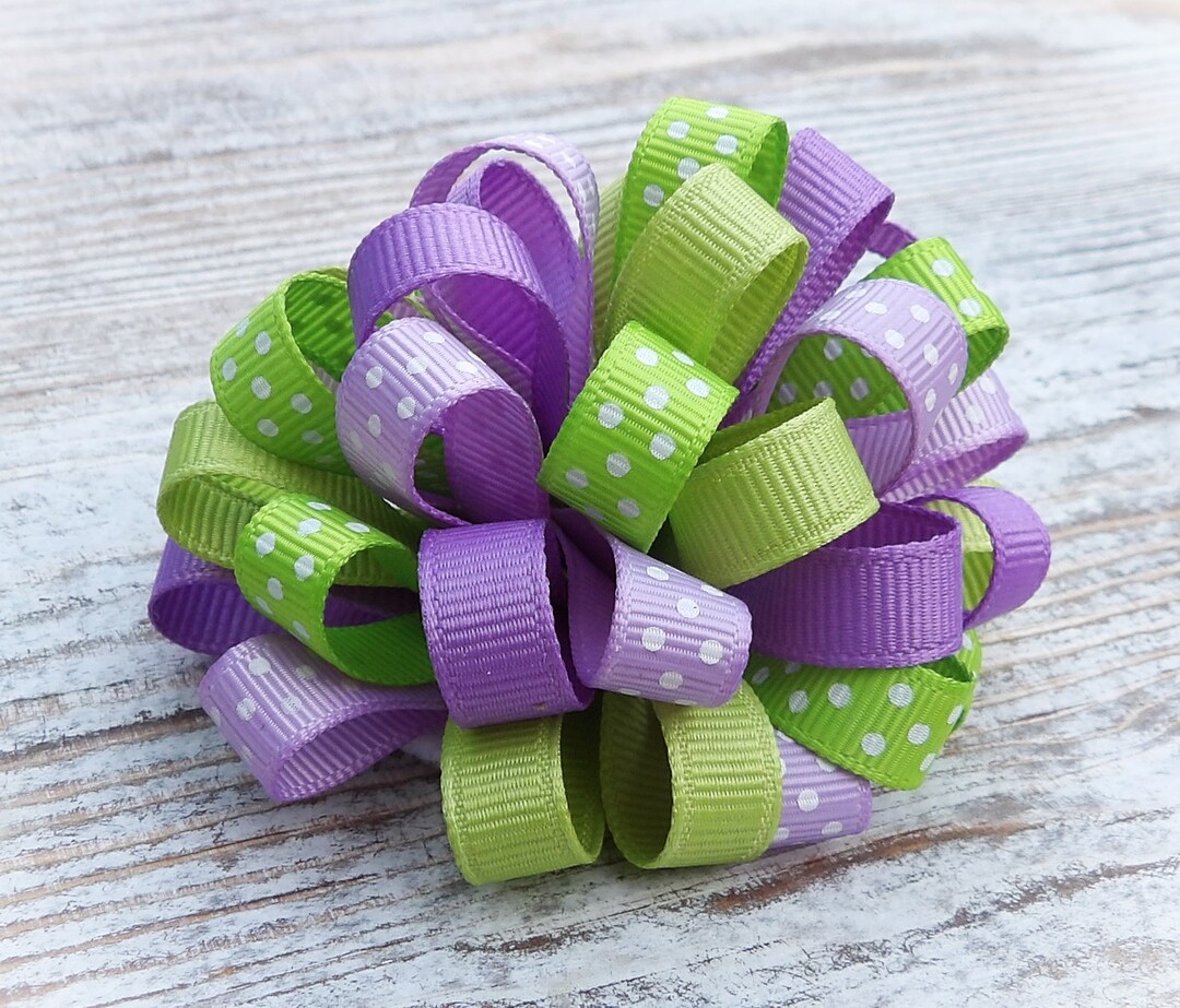 Purple & Green Loopy Bow, Polka Dot Bow, Loopy Puff Bow, Lime Green Bow ...