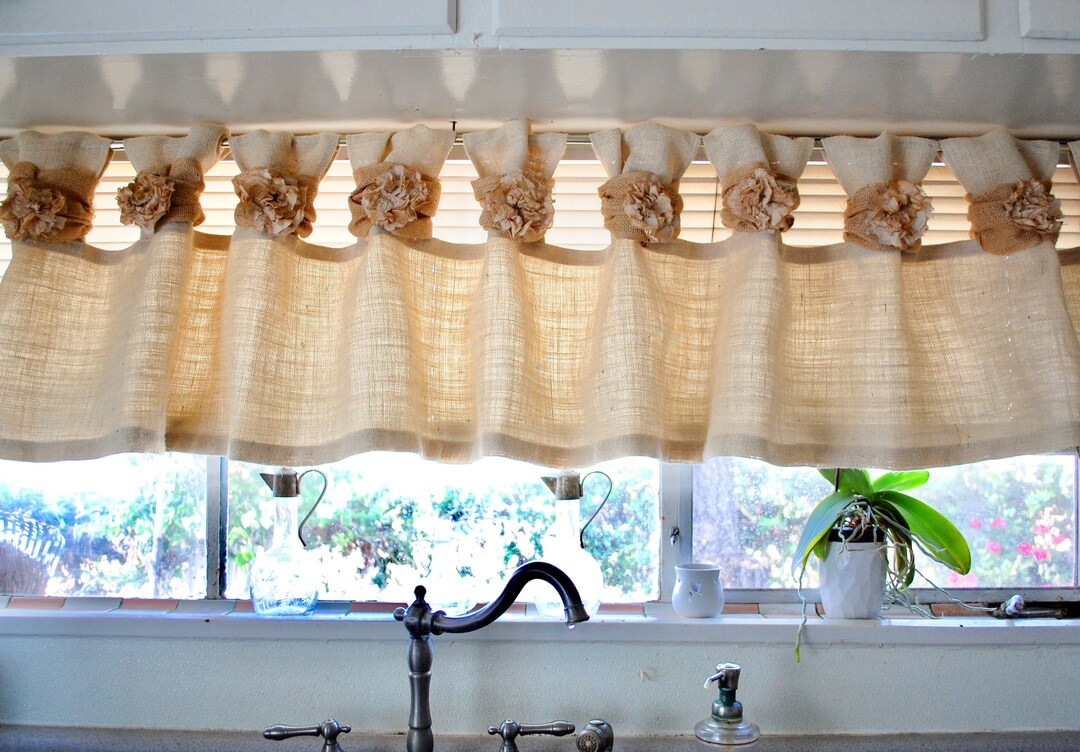 Burlap Valance off White Handmade Tea Stain Fabric and Lace Rosette - Etsy