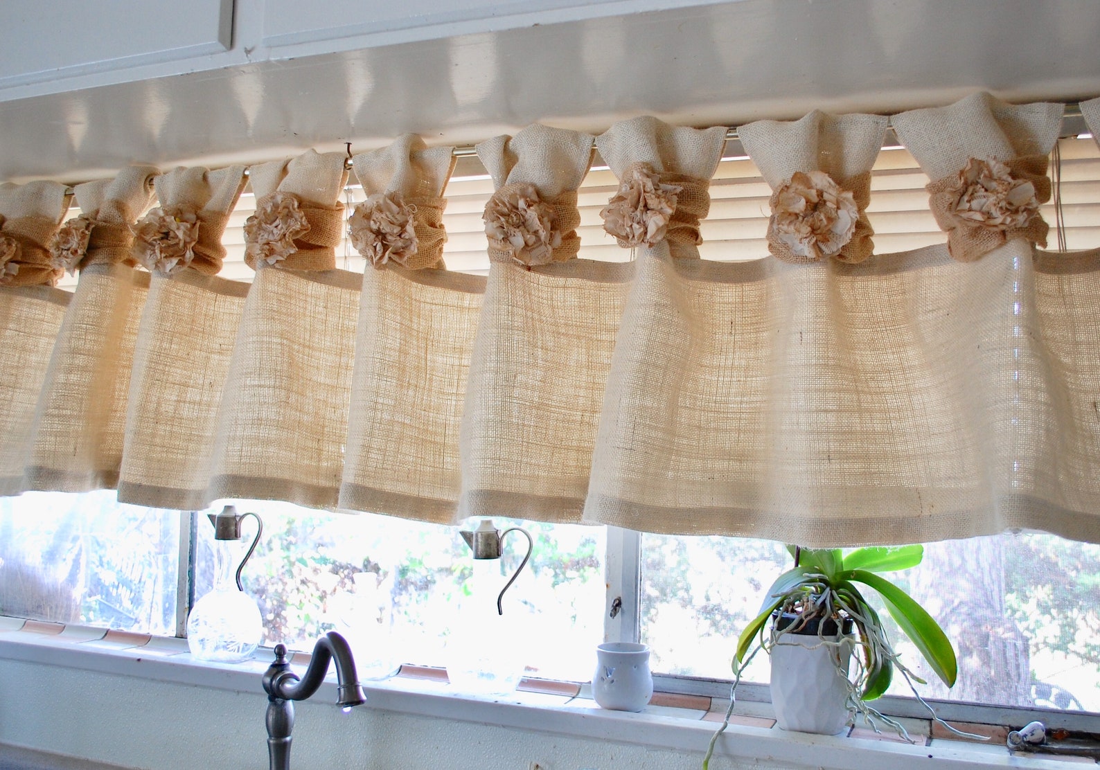 Burlap Valance off White Handmade Tea Stain Fabric and Lace Rosette - Etsy
