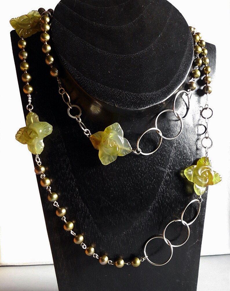 Exclusive Flowers Korean Jade Necklace, Bronze Pearls and 925 Sterling ...