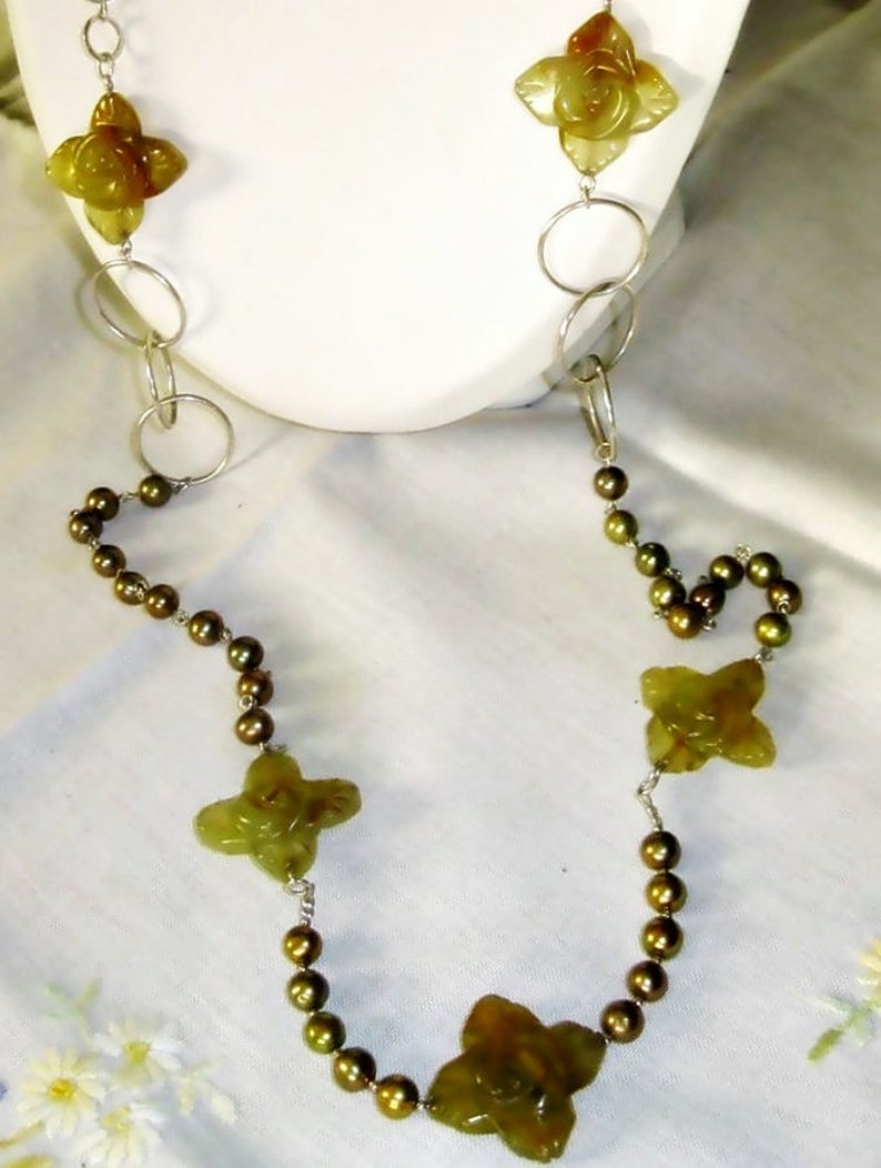 Exclusive Flowers Korean Jade Necklace, Bronze Pearls and 925 Sterling ...