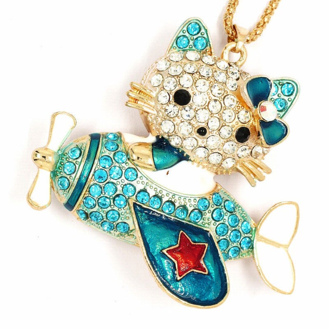 Betsey Johnson Hello Kitty Cat Flying Plane Necklace/pin Blue - Etsy