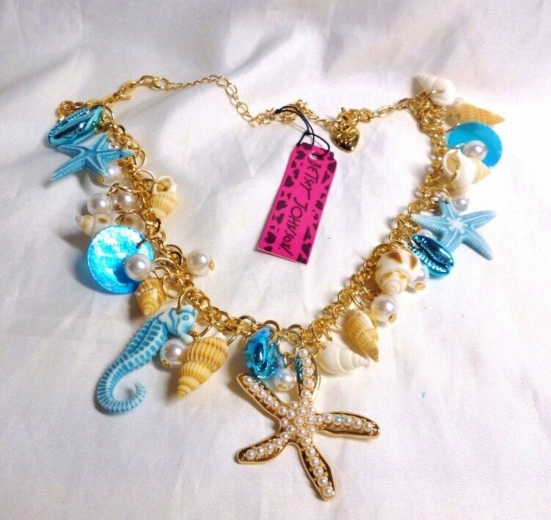 Betsey Johnson Shell Necklace Genuine Sea Shells Blue Faux Seahorse ...