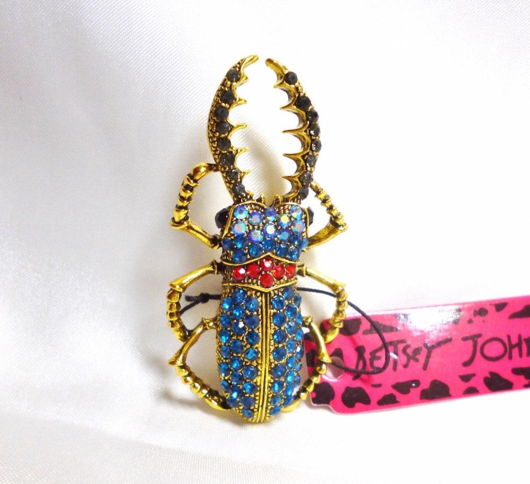 Betsey Johnson Stag Beetle Pin / Brooch Blue & Red Crystals Antiqued ...
