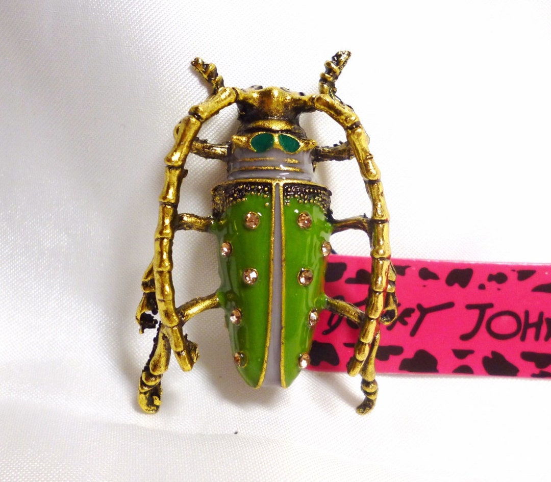 Betsey Johnson Beetle Pin / Pendant Brooch Green Enamel + Yellow ...