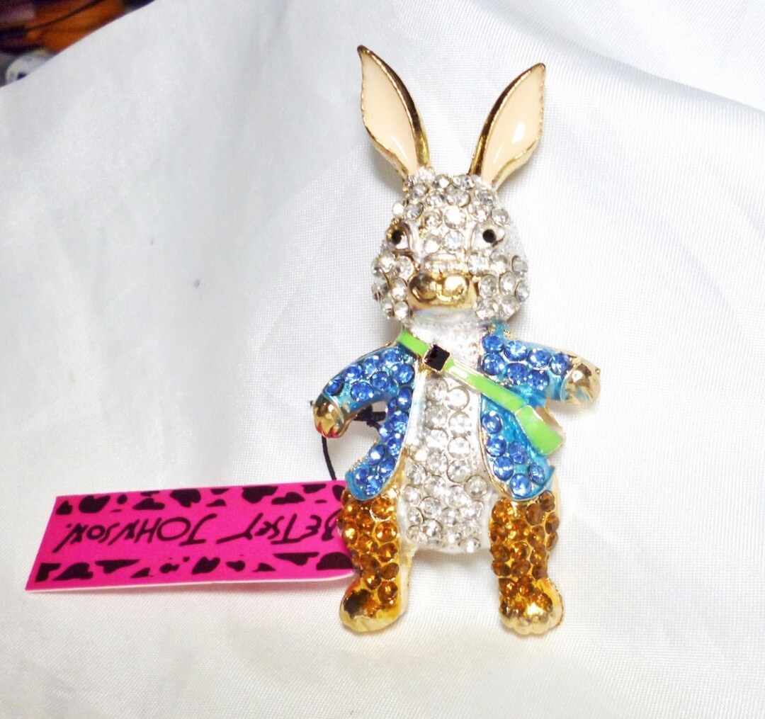RARE Betsey Johnson Peter Rabbit Pin Pendant Blue Coat Bright Crystals ...