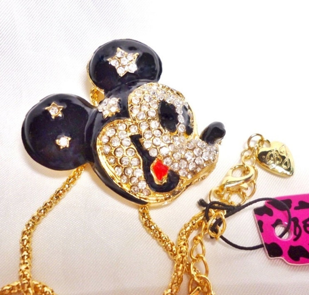 Betsey Johnson Mickey Mouse Necklace / Pin Black Enamel & Clear ...