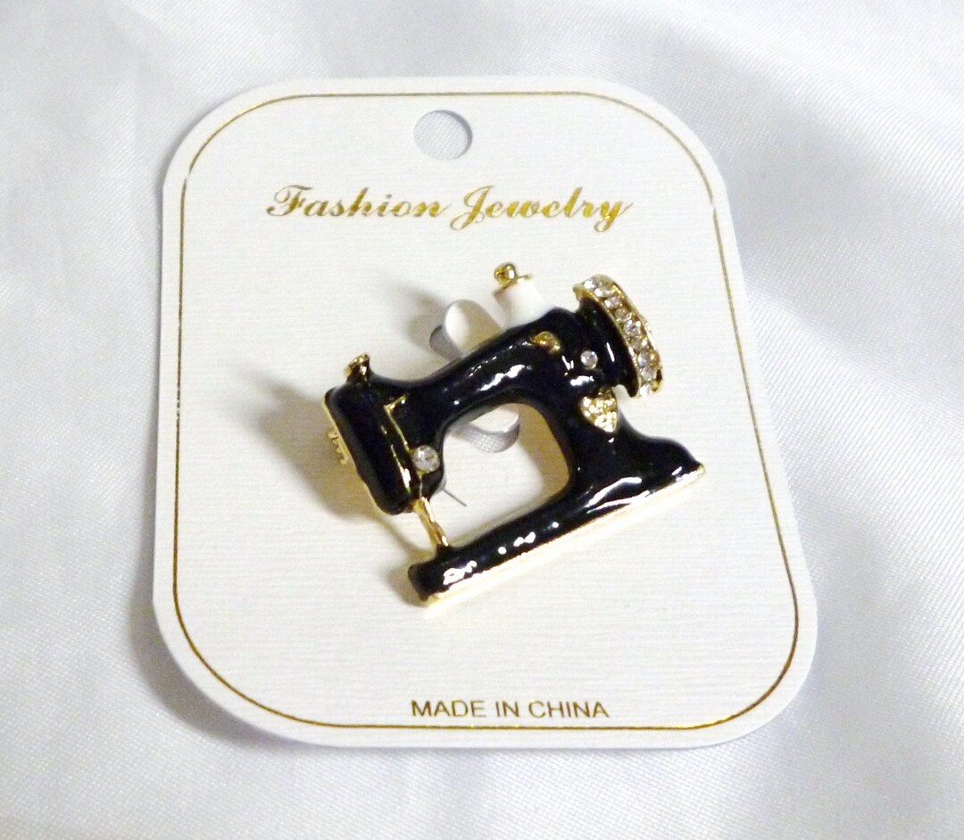 Sewing Machine Brooch Pin Vintage Style Black & Crystals NOS NWT ...