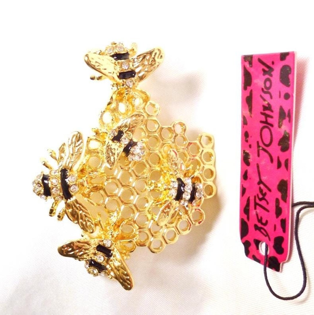 Betsey Johnson Bees Making Honey Pin / Brooch Gold Plate & Crystals NOS NWT Perfect Cond FREE ...