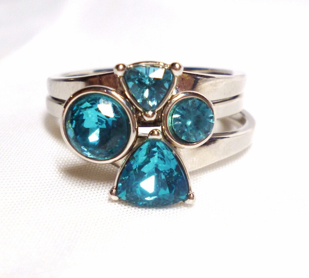 Avon Famous Forever Ring Set 4 Stones Silver & Aquamarine Blue Tones Size 9 NOS NIB Perfect ...