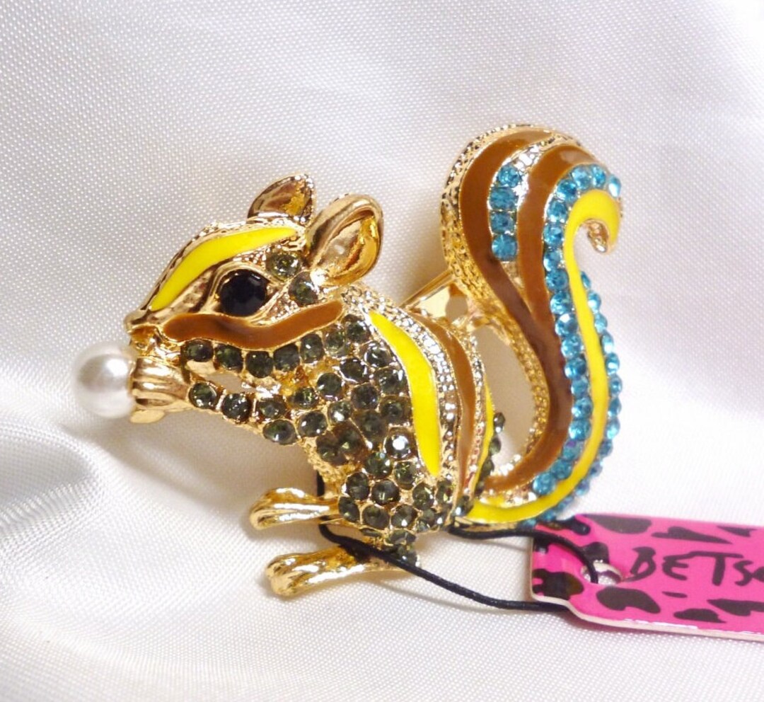 Betsey Johnson Squirrel Chipmunk Pin / Pendant Blue, Yellow & Brown ...