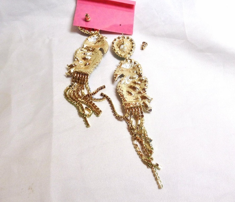 RARE Betsey Johnson Crystal Parrot Drop Earrings Rainbow Bird Tropical ...