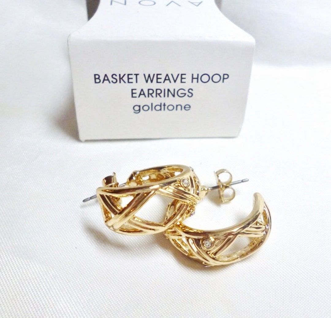 Avon Basket Weave Hoop Earrings Gold Tone W/ Crystal Rhinestones NOS ...