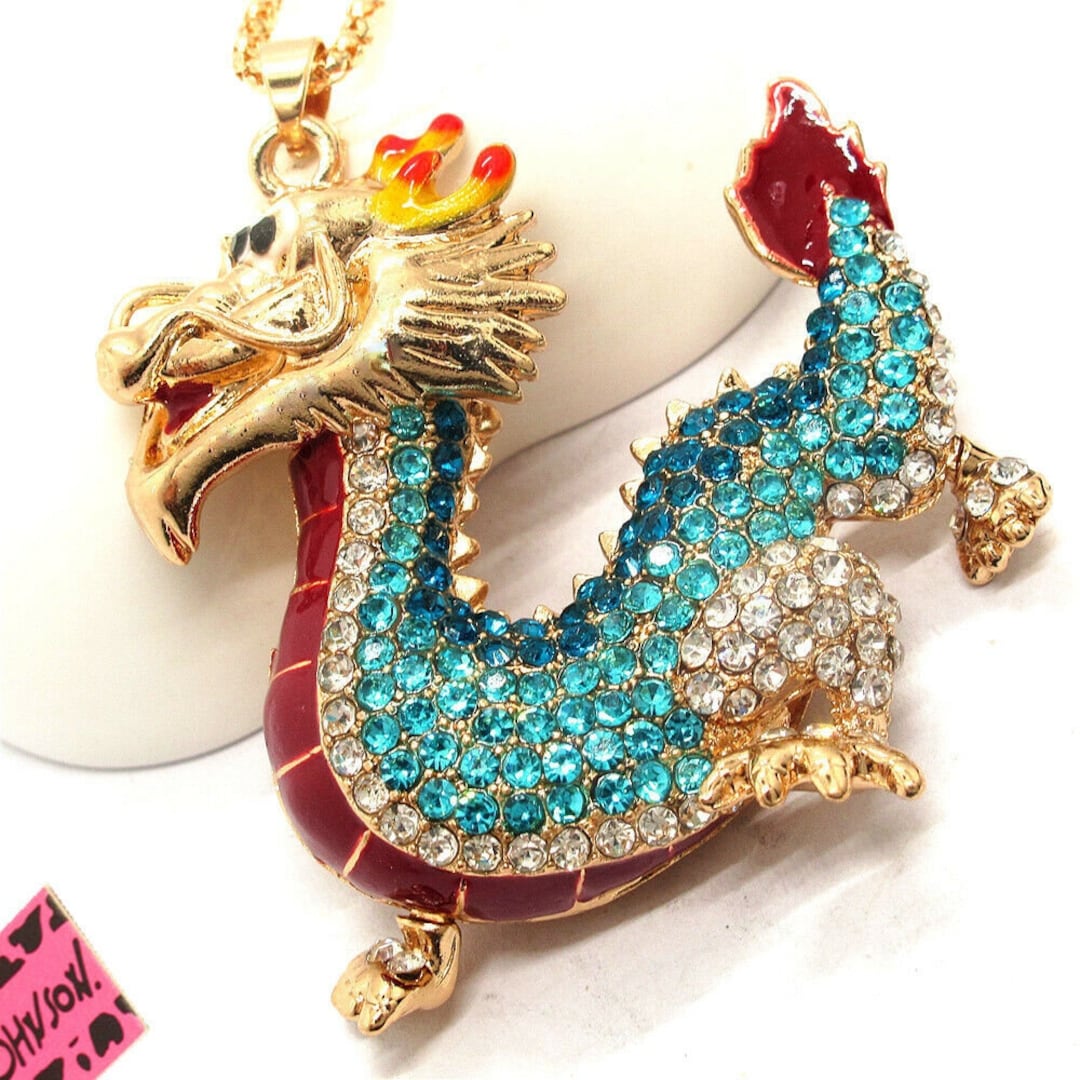Betsey Johnson Dragon Necklace Pendant Blue & Clear Crystals Burgandy ...