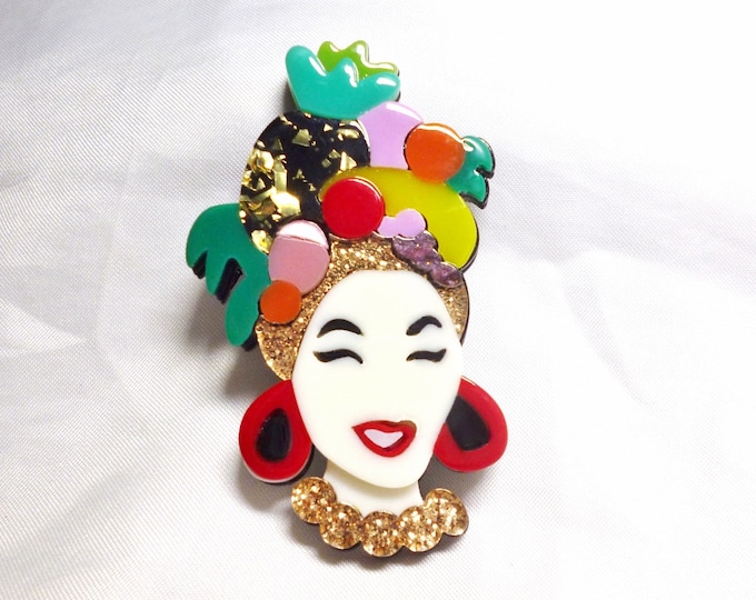 Carmen Miranda Pin W/ Fruit Headress / Hat Layered Acrylic Mosaic ...