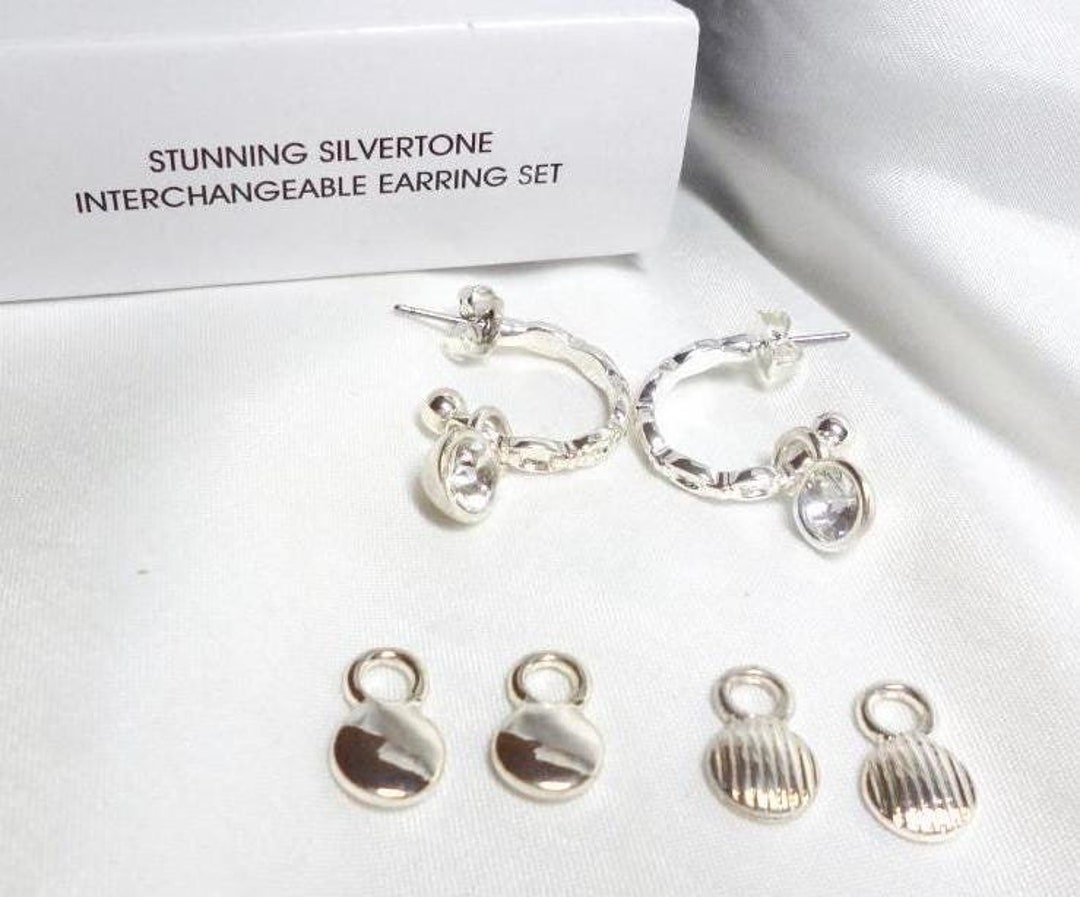Avon stunning Silvertone Interchangeable Earring Set Hoops W/ Dangles ...
