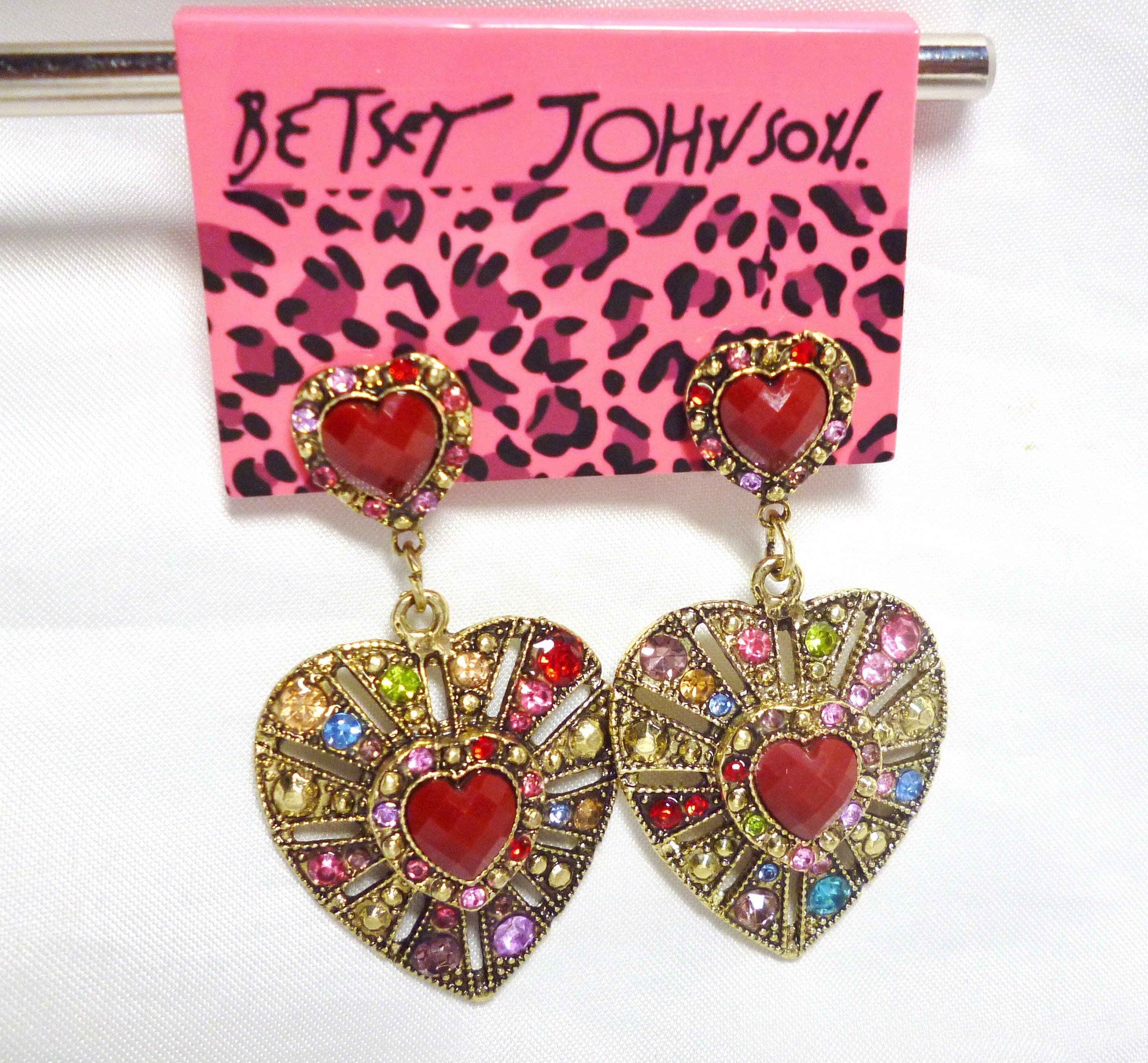 Betsey Johnson Heart Earrings Red Rainbow Crystals W Antiqued Gold Tone Drop Gold Plate NOS NWT Perfect Cond Free Shipping M1305 Etsy