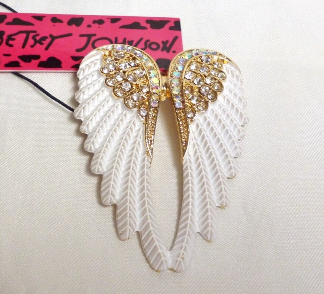 Betsey Johnson White Angel Wings Pin Bright Crystals, Enamel & Gold ...